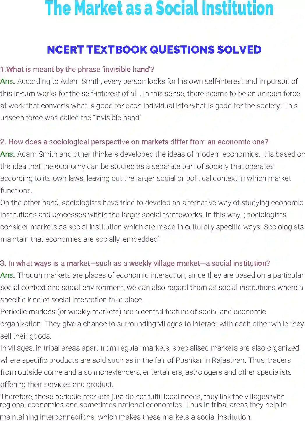 Class 12 Sociology Chapter 4 The Market as a Social Institution Solution