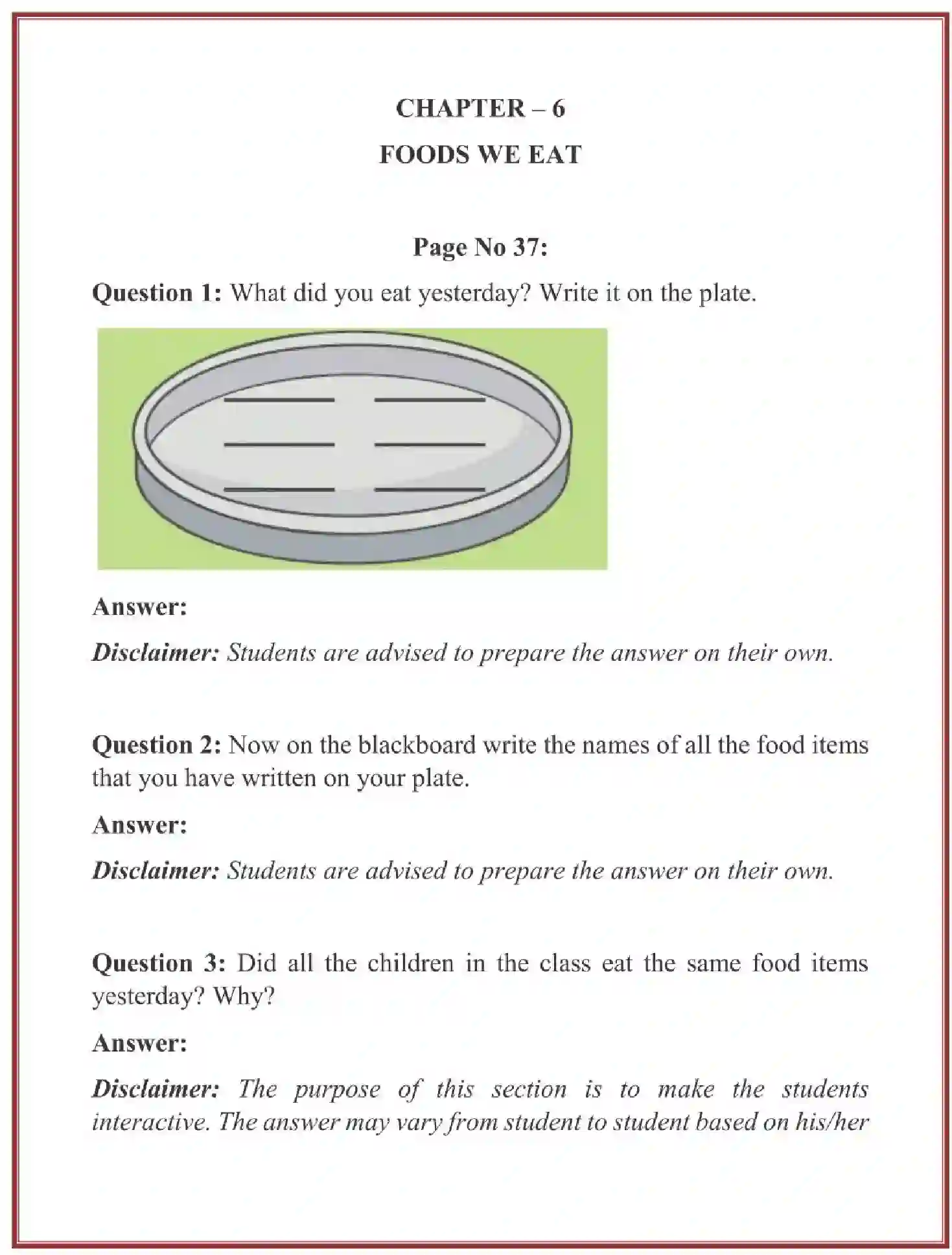 Class 3 Looking Around (EVS) Chapter 6 Foods We Eat Solution