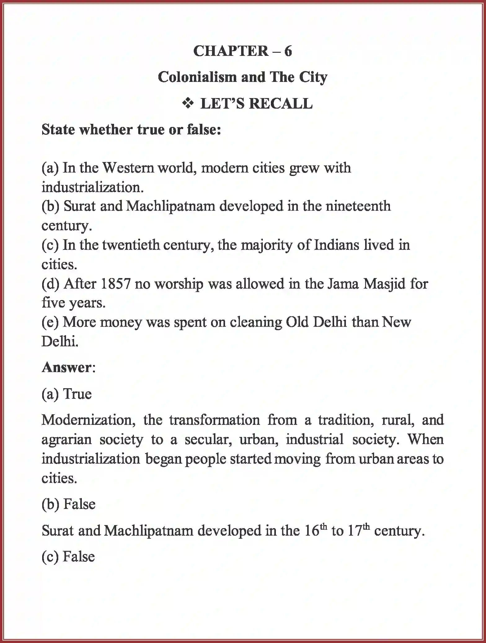 Class 8 History Our Pasts – III Chapter 6 Colonialism and the City Solution