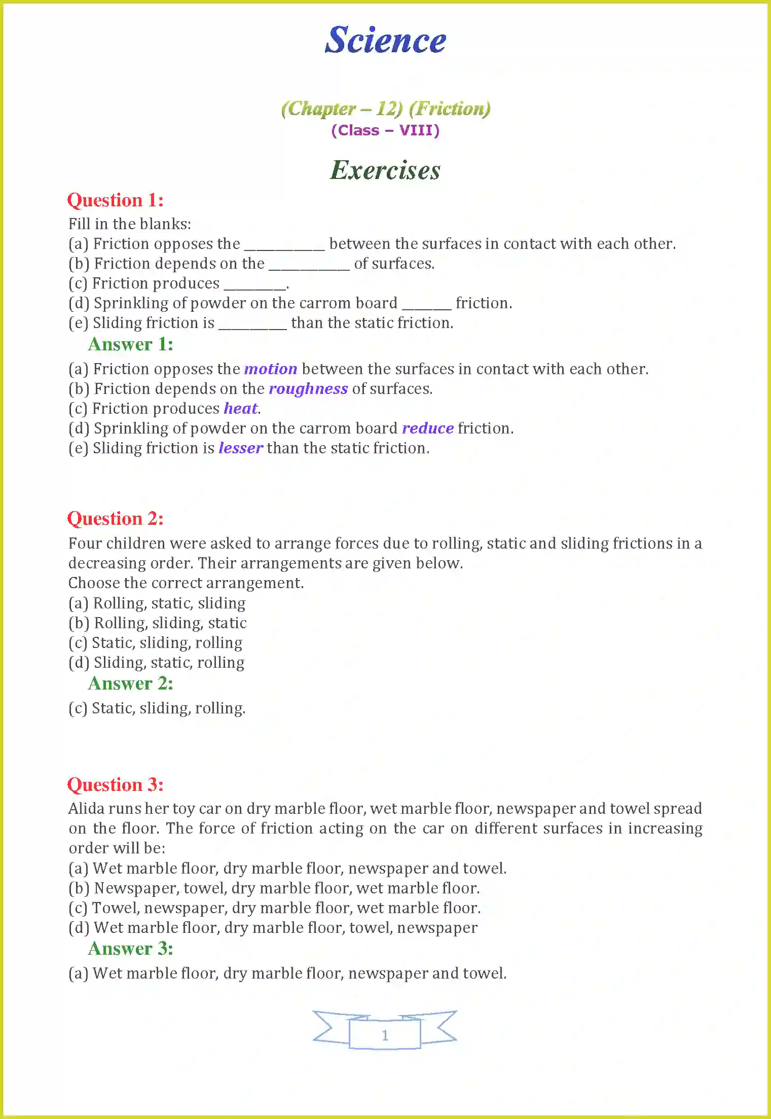 Class 8 Science Chapter 12 Friction Solution