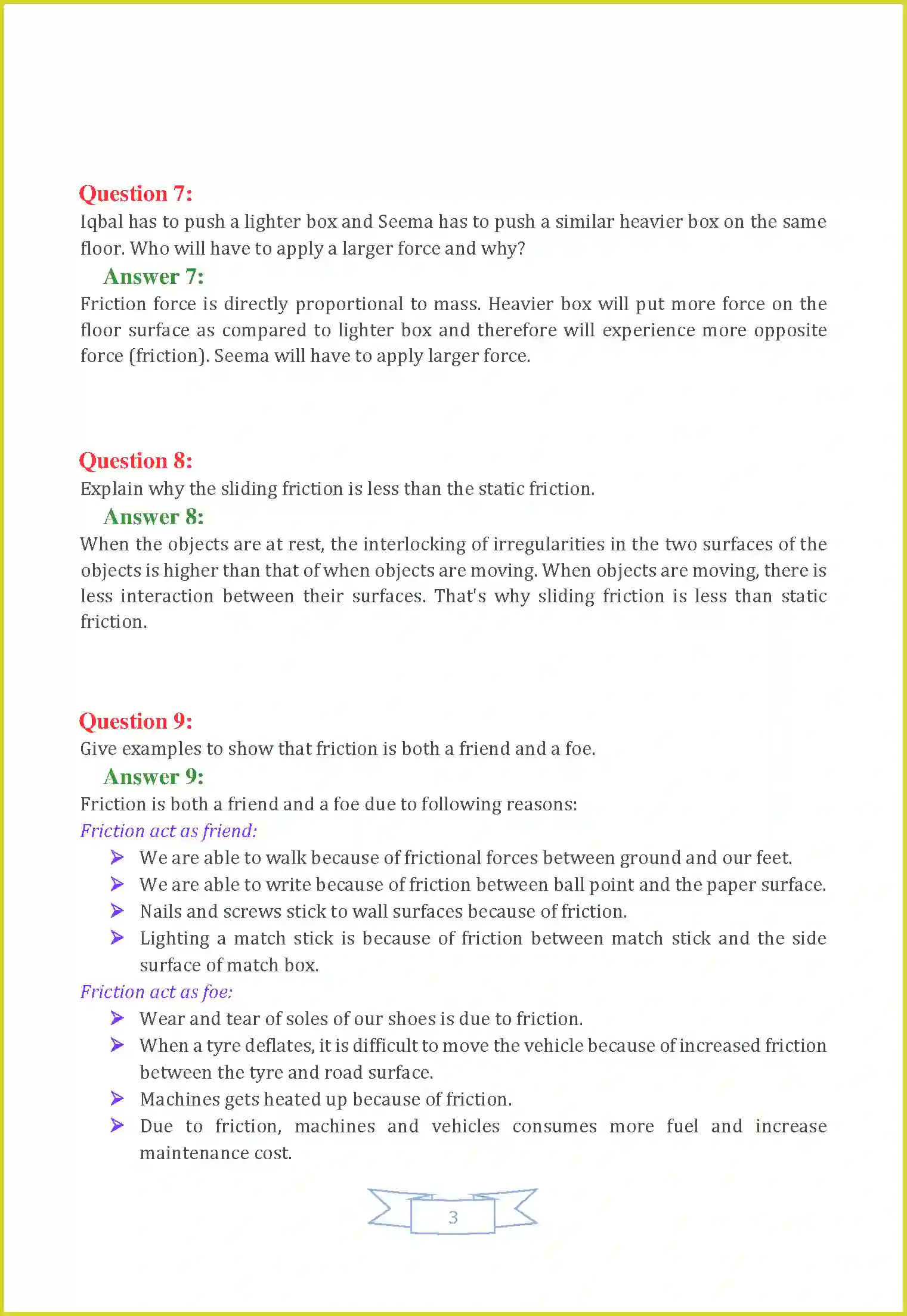 Class 8 Science Chapter 12 Friction Solution